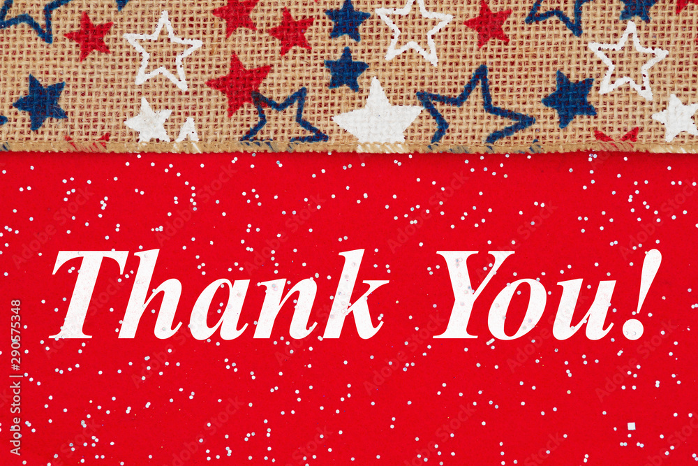 Thank you message with red, white and blue stars on burlap Stock Photo ...