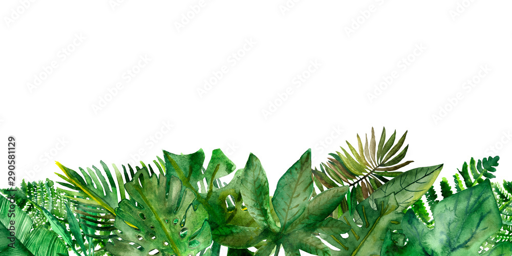 Watercolor hand painted nature border composition with different green ...