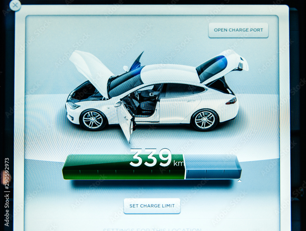 PARIS, FRANCE - NOV 29, 2014: New Tesla Model S dashboard computer ...