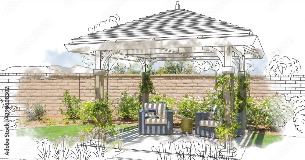4k Custom Pergola Drawing Transitioning to Photograph. Stock Video ...