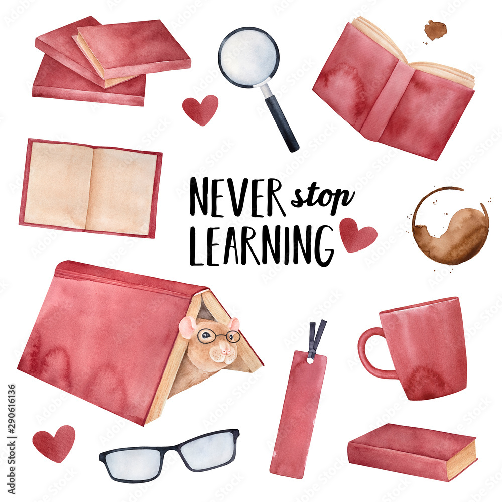 "Never Stop Learning" greeting card design with little positive pet ...