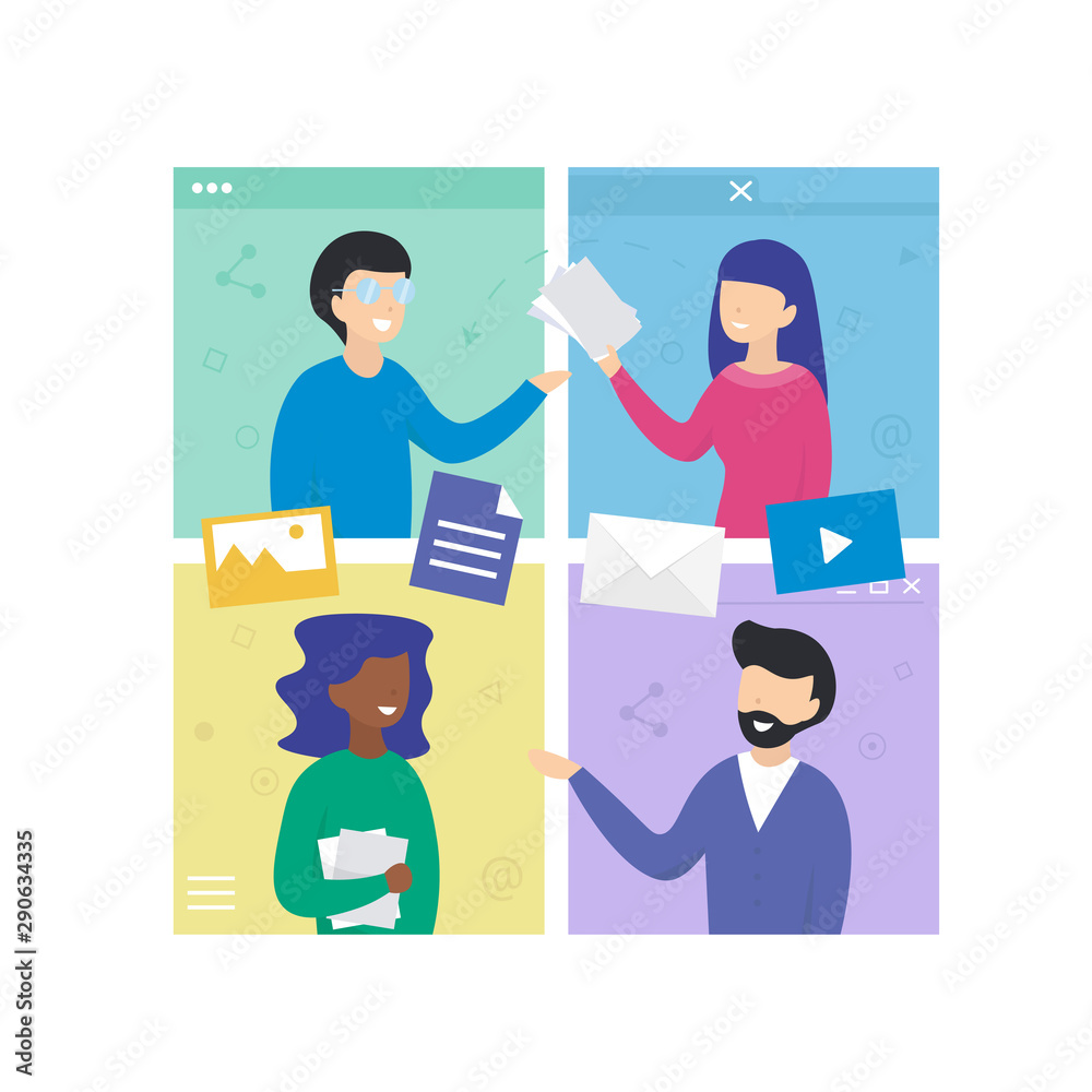 Transfer of documents, messages, photos, video between people. Concept ...