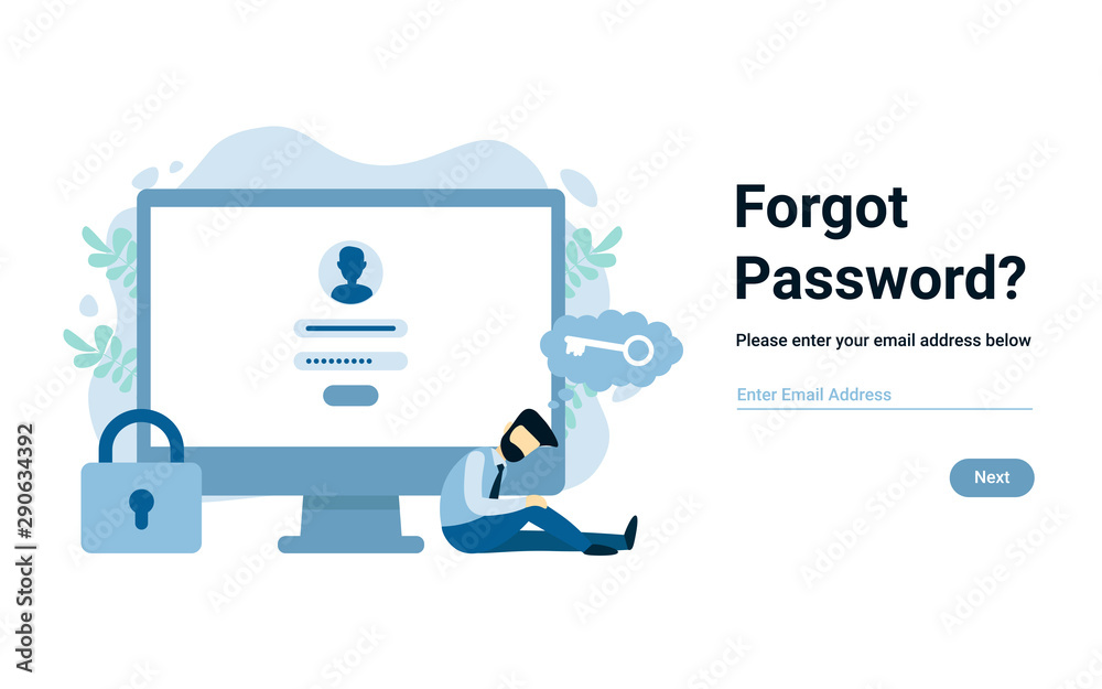 Unhappy businessman near computer forgot account login and password ...