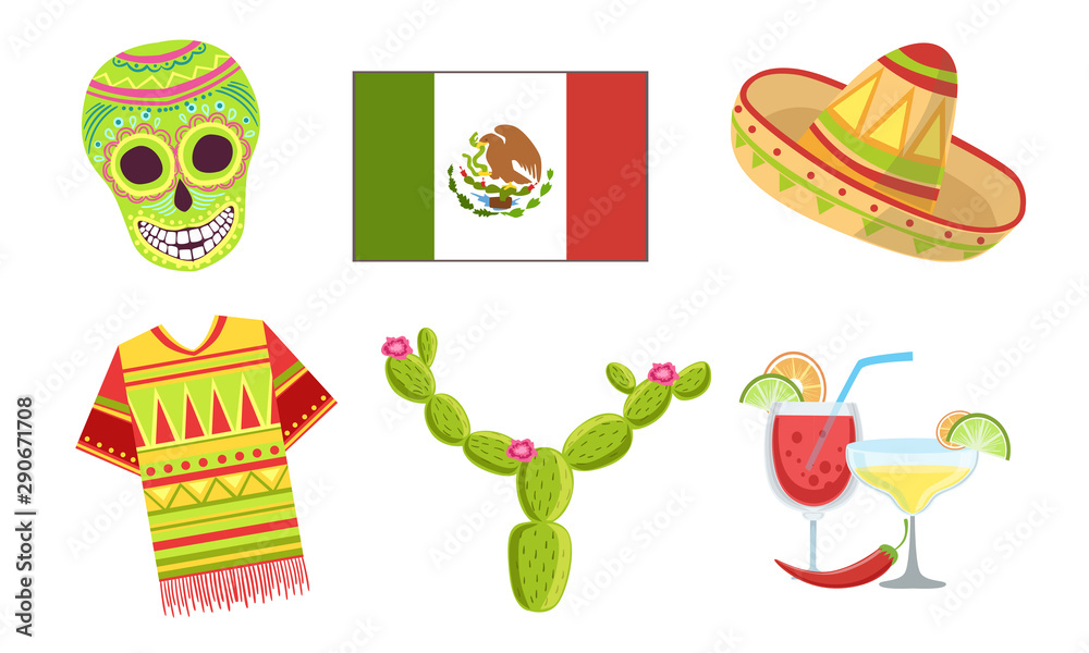 Traditional Cultural Mexico Symbols Set, Sugar Skull, Flag, Sombrero ...