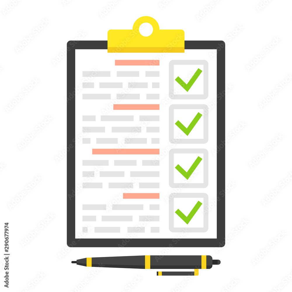 Clipboard with green ticks checkmarks and black pen. Vector ...