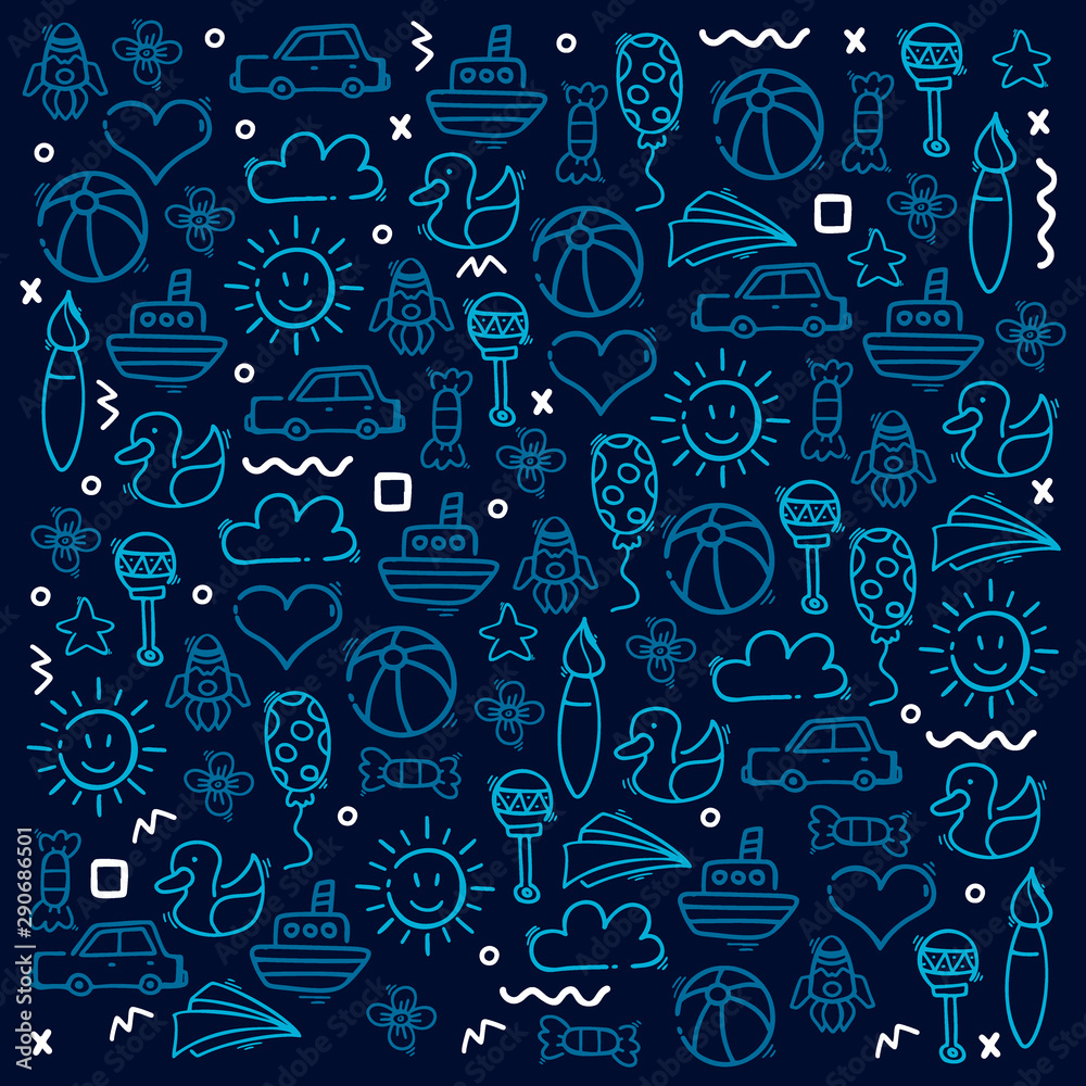 Hand draw Kids doodle background. Objects from a child's life. Stock ...
