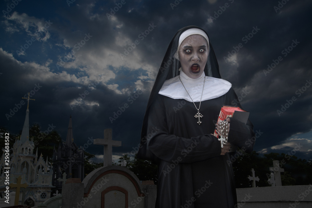 Rendering of a ghost nun or demon in the dark mysterious at the ...