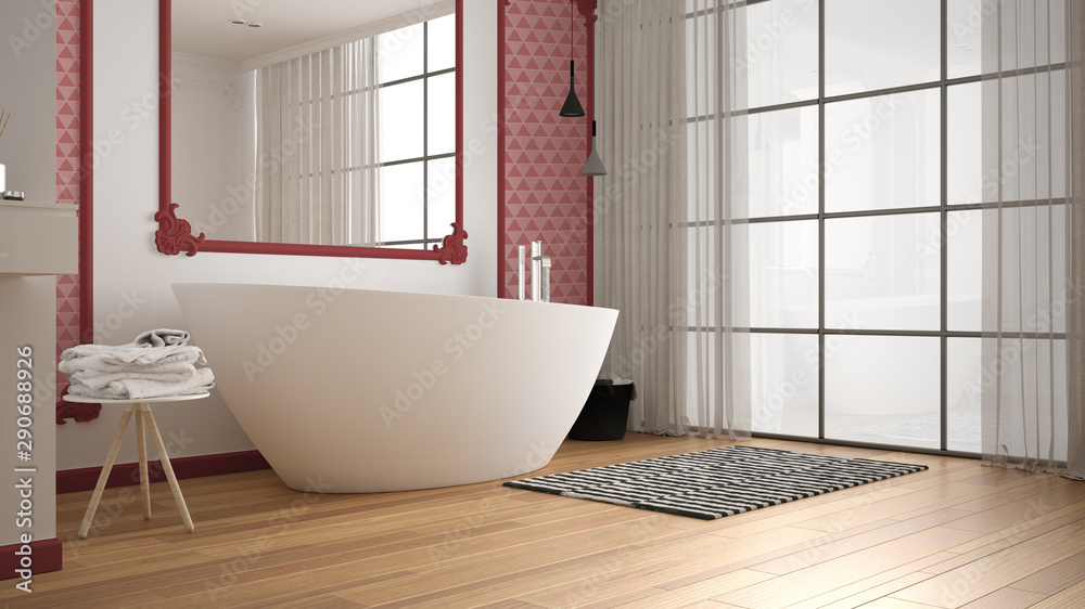 Modern white and red bathroom in classic room, wall moldings, parquet ...