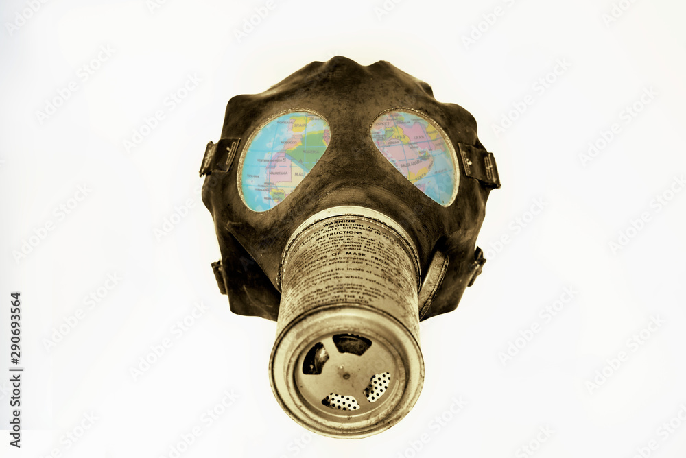 Earth seeking protection from an old brown gas mask. With global ...