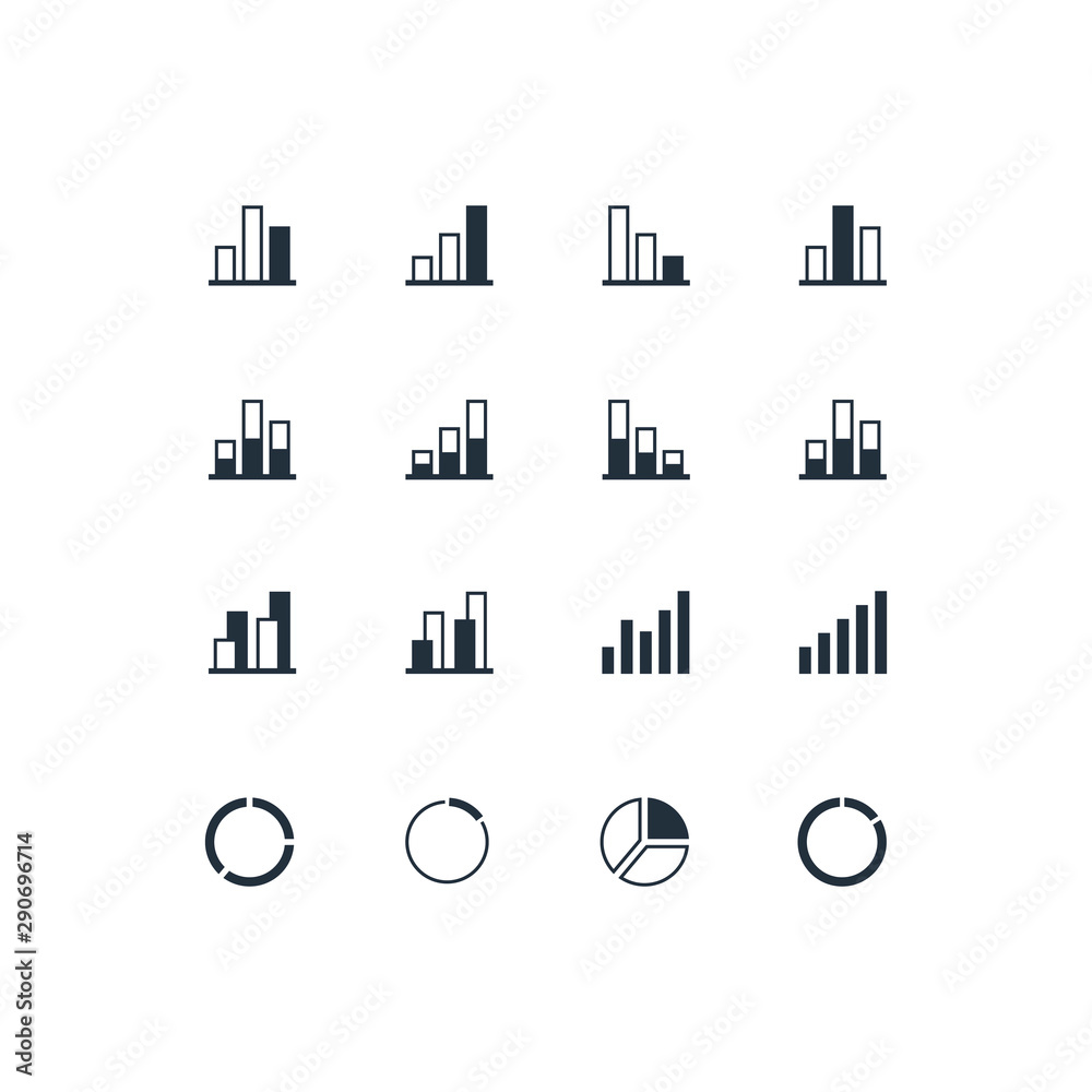 Vector flat chart diagram icon set illustration. Black 3d column, bar ...
