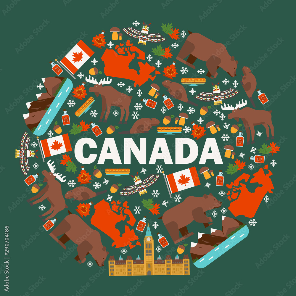 Canadian symbols and main landmarks, vector illustration. Flat style ...