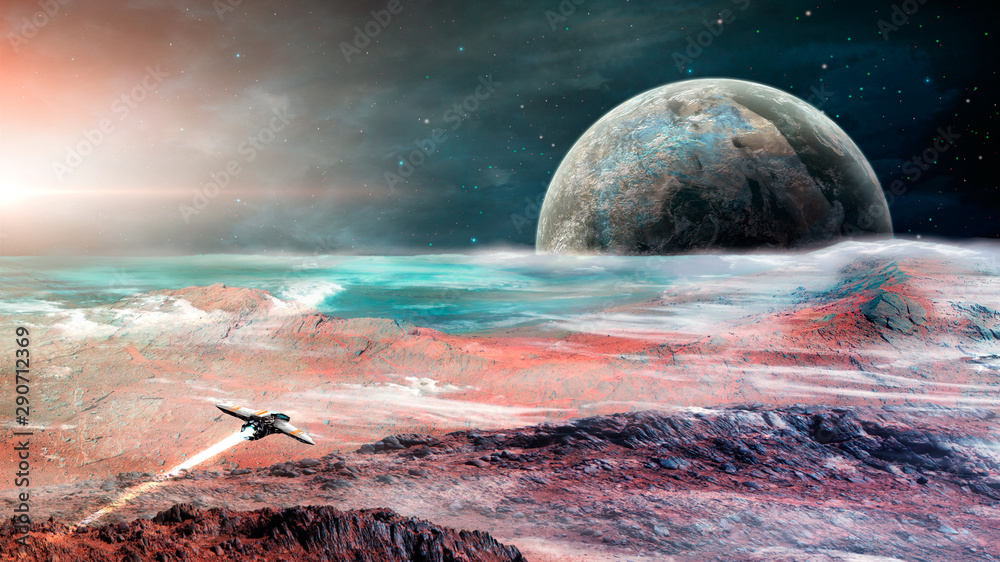 Space scene. Spaceship fly above rock with planet and star. Elements ...