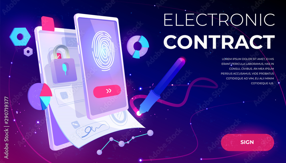 Electronic contract web banner, e-signature on document at mobile ...