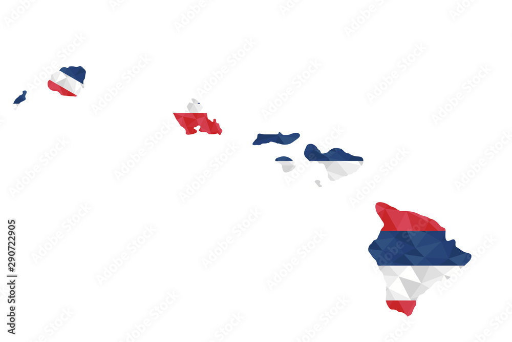 Polygonal flag of Hawaii on contour of the country map. Low poly style ...
