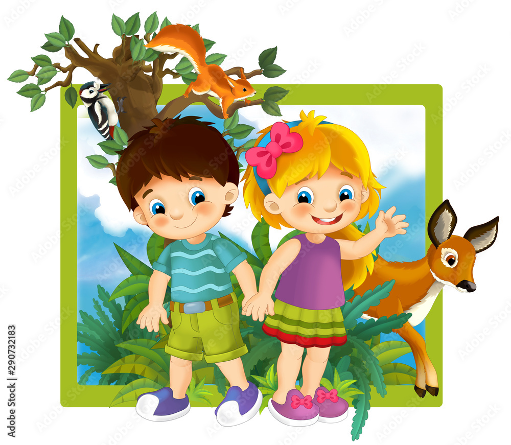 cartoon scene with nature frame kids and animals - illustration for ...