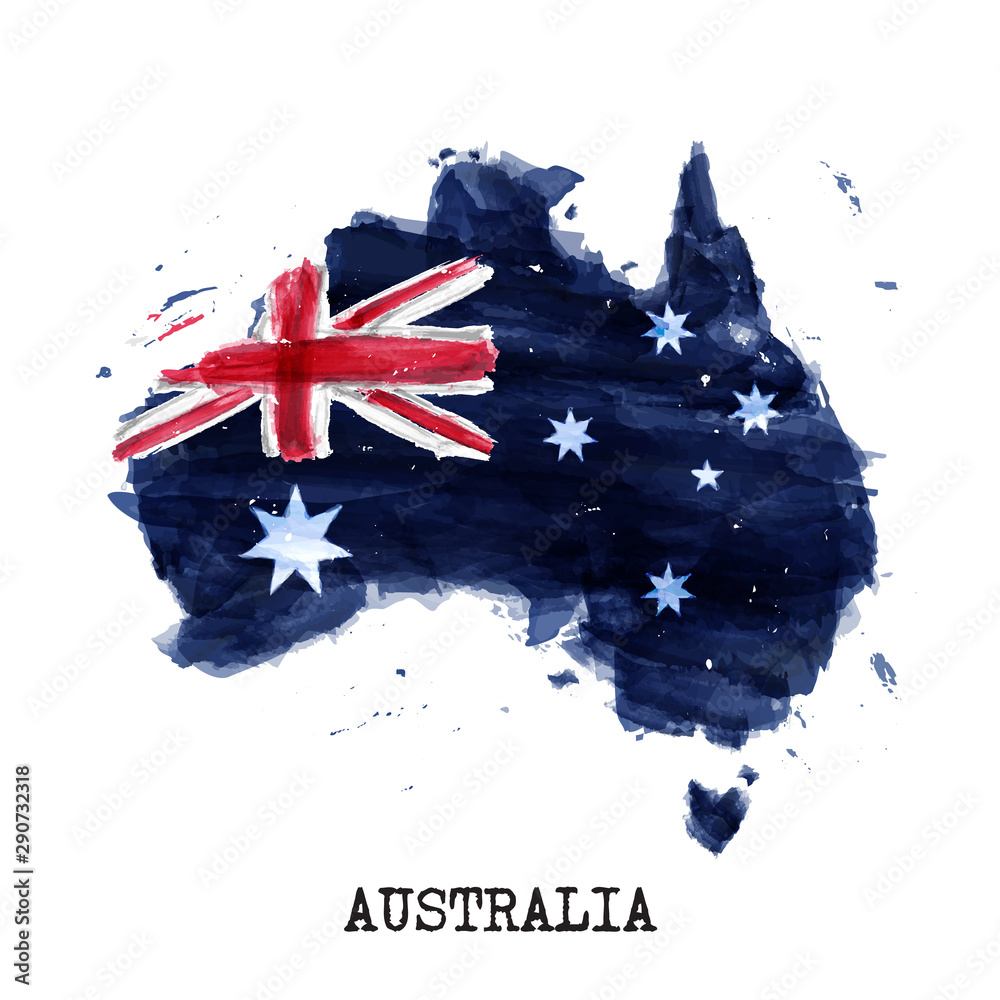 Australia flag watercolor painting design and country map shape with ...