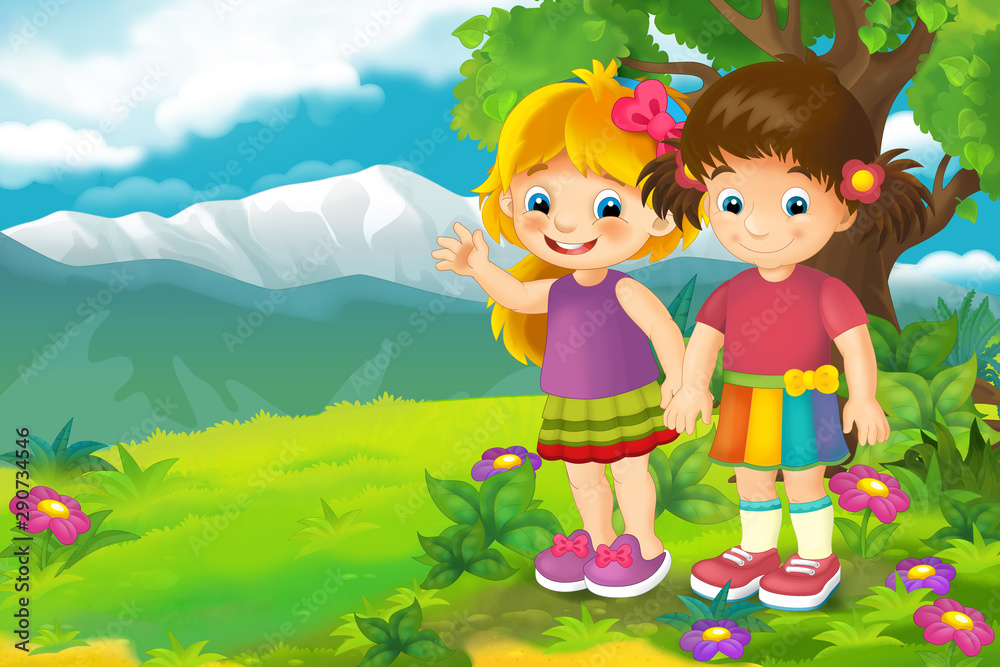 cartoon scene with nature and kids - illustration for children Stock ...