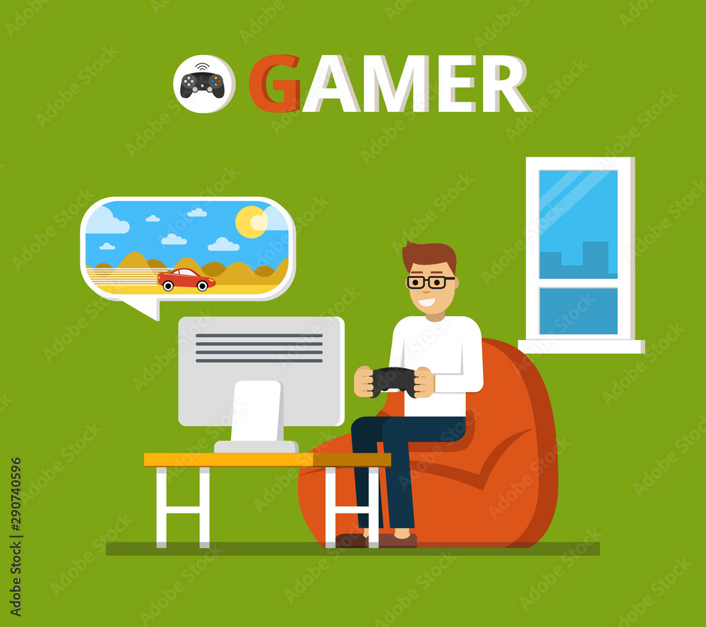 Man sitting at home behind his desk and playing video games. Gamer ...