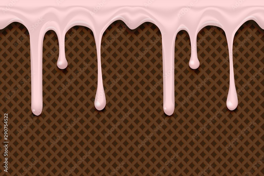 Dripping pink ice cream flowing over chocolate or brown waffle texture ...