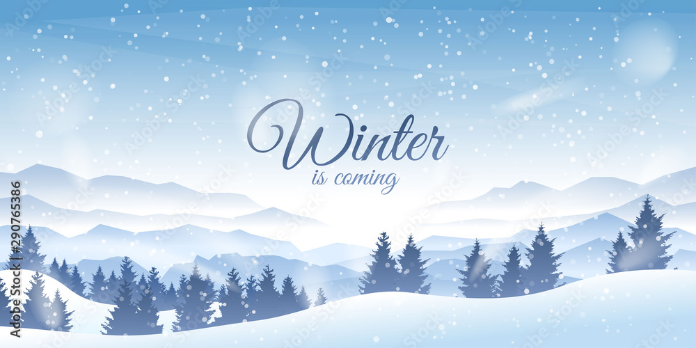 Vector illustration. Flat landscape. Snowy background. Snowfall. Clear ...