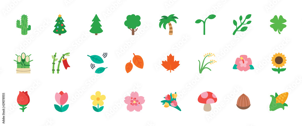 Nature, Floral Icons Vector Set. Trees, Flowers, Leaves Illustration ...