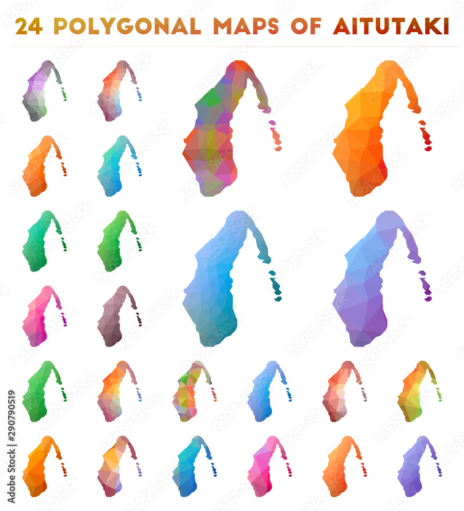 Set of vector polygonal maps of Aitutaki. Bright gradient map of island ...