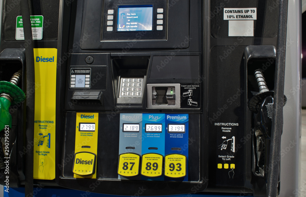 Close up of generic gas pumps showing the different grades of petrol ...