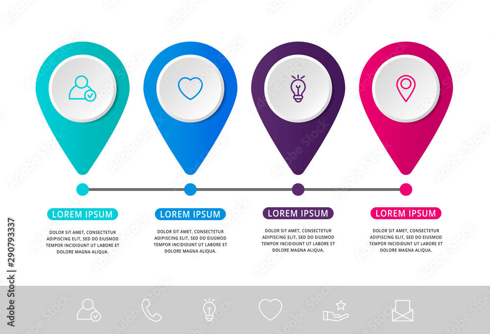 Vector modern infographic flat template pin for four paper label ...