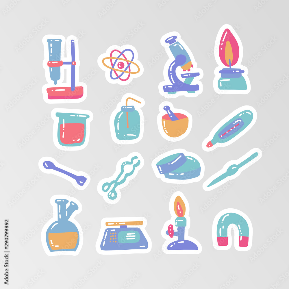 Set of stickers for kid chemistry experiment. Laboratory test tubes ...