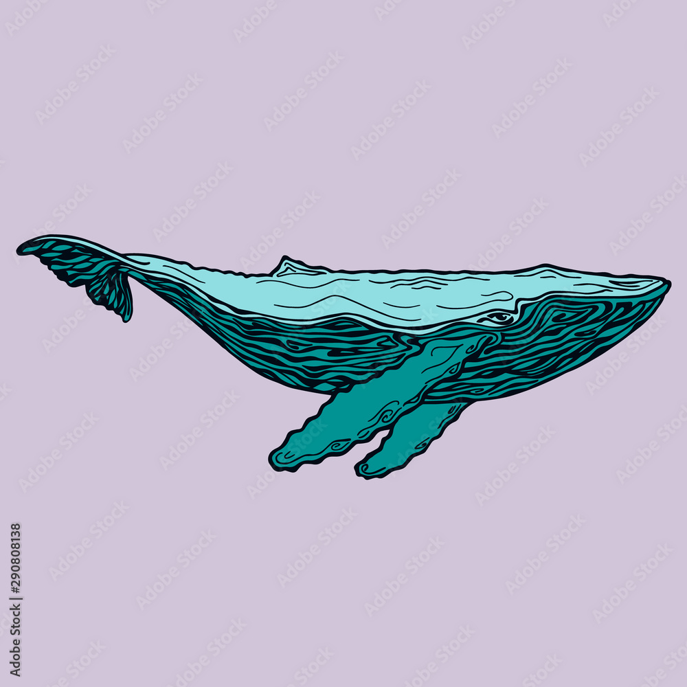 Large humpback whale with two fins and tail, side view. The silhouette ...