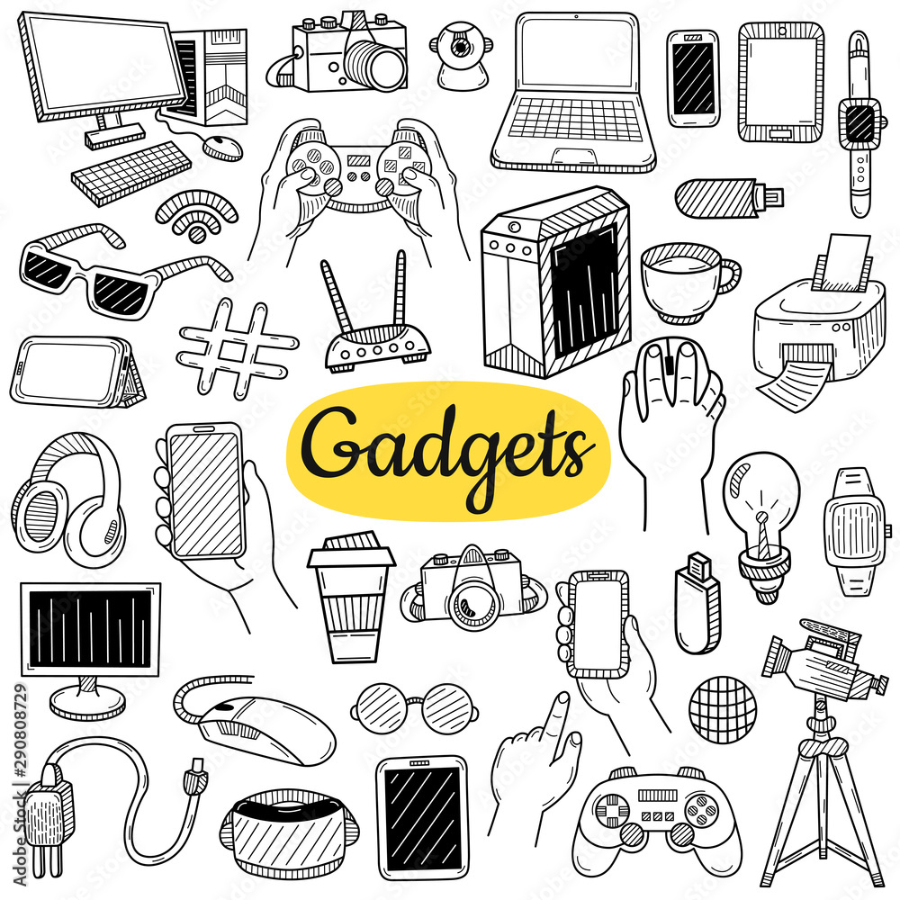 Big collection of gadgets elements. Technology concept. Hand drawn ...