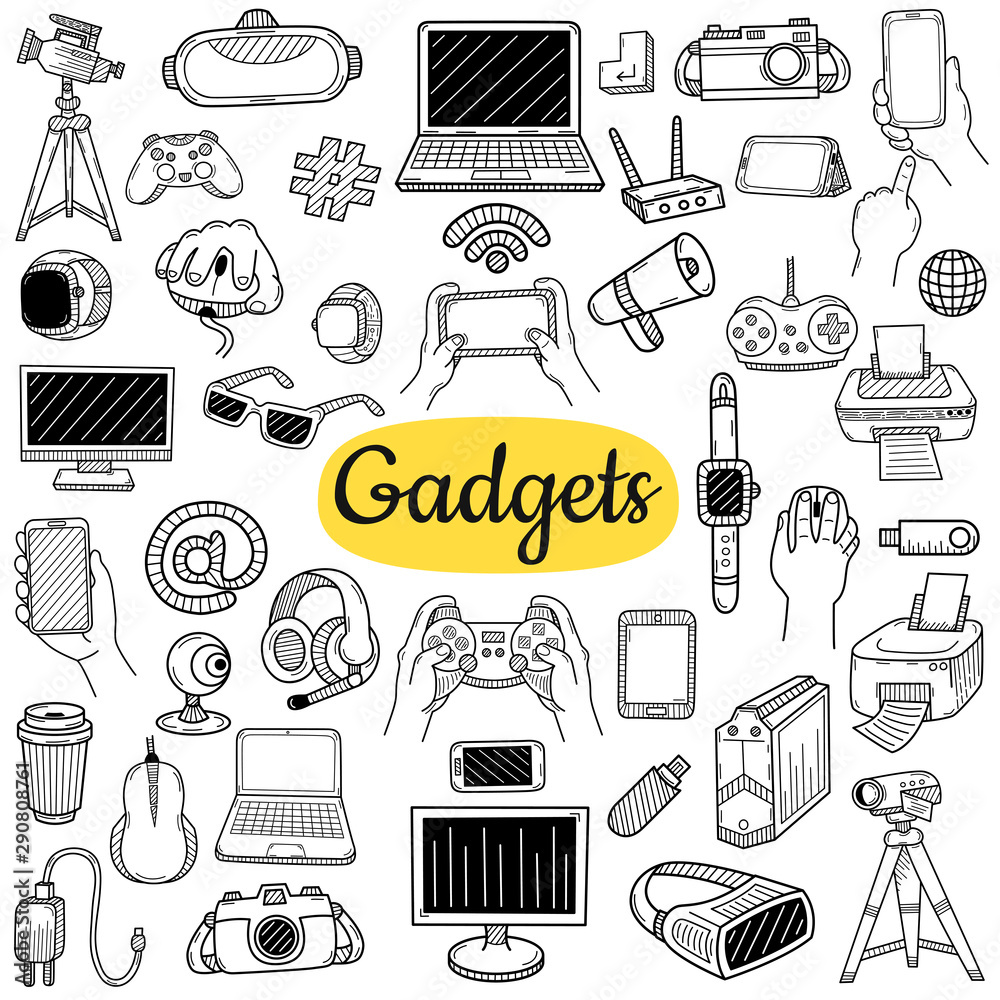 Big collection of gadgets elements. Technology concept. Hand drawn ...