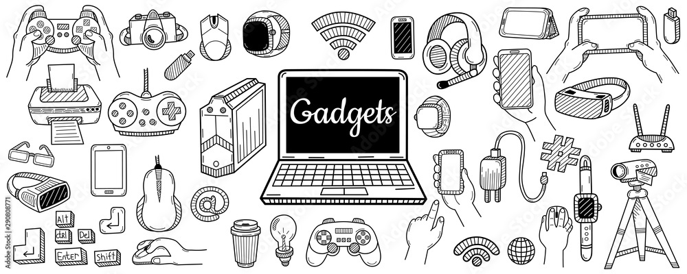 Big collection of gadgets elements. Technology concept. Hand drawn ...