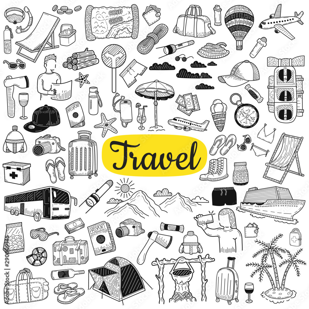 Big collection of travel elements. Tourism and summer concept. Hand ...
