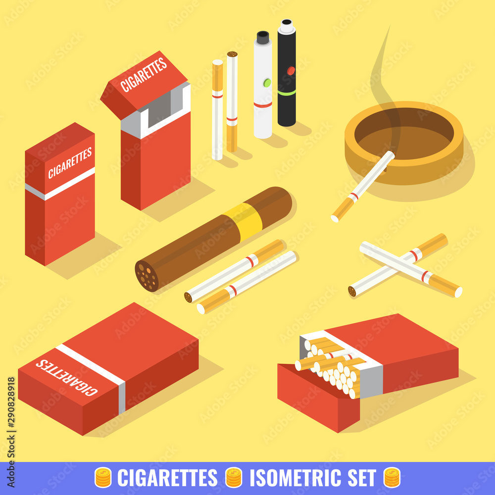 Cigarettes pack, cigarette, cigar, vape. Isometric vector illustration ...