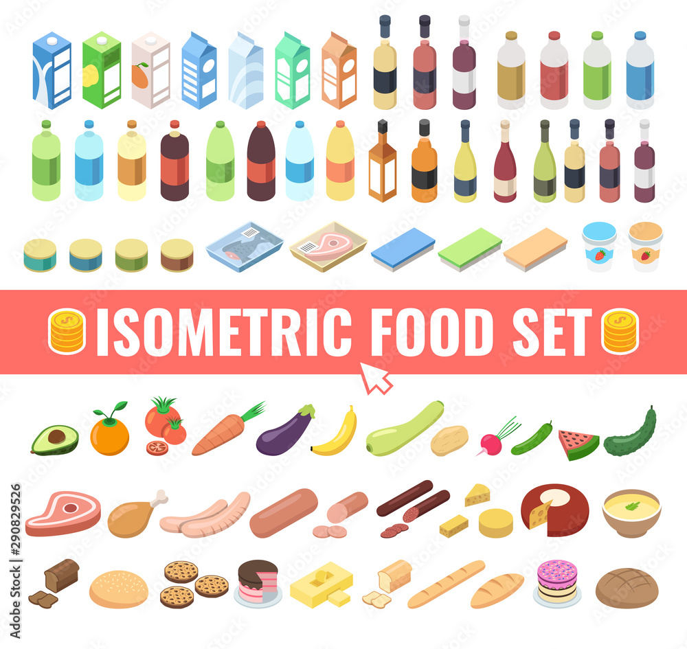 Gastronomy icons set in isometric 3d style. Food and drinks isolated on ...