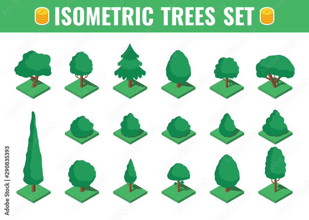 Big isometric tree set. Big and small trees, pine, shrubs, felled trees ...