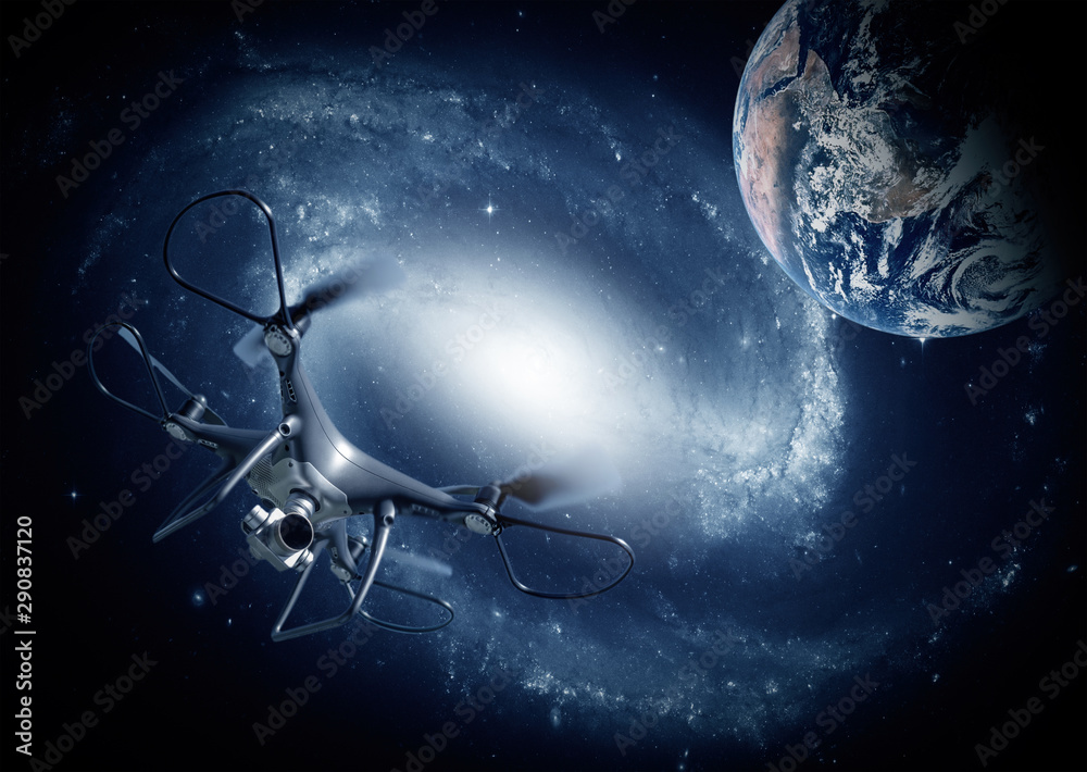 Dark drone explores space against the background of the galaxy and ...