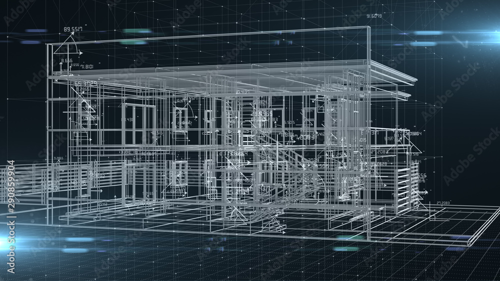 3D engineering design of house Architecture blueprint - illustration ...