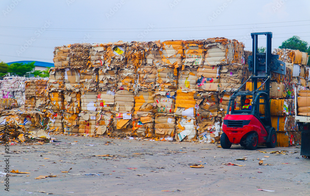 The recycle industry cardboard garbage and paper waste after pressing ...