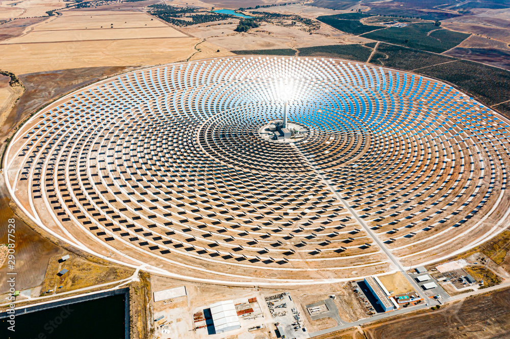Solar panels in a large thermal circular power plant with the ...
