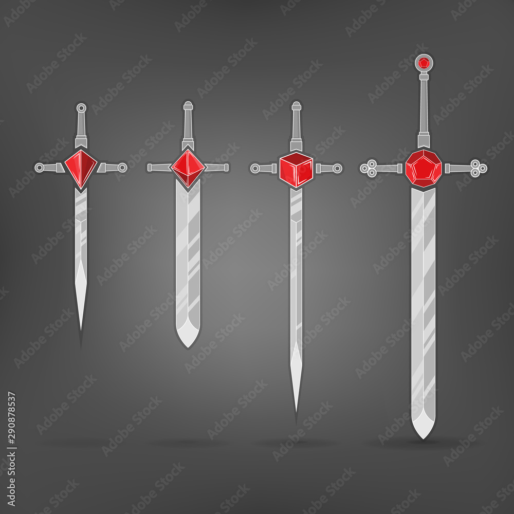 Set of cartoon vector weapon, swords with dices hilt RPG games. Red ...