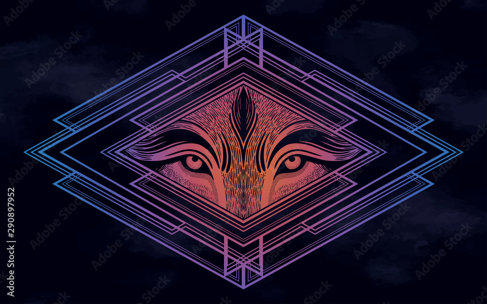 Wolf eyes in geometric setting.Dreamy magic art. Night, nature, wicca ...
