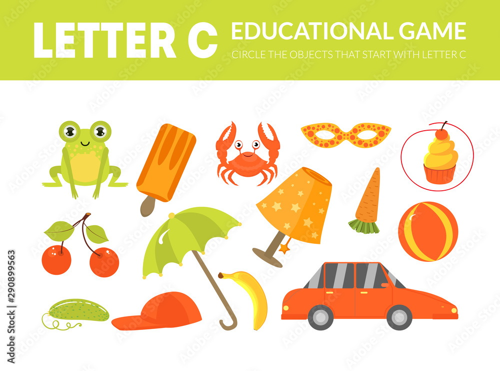 Letter C Educational Game for Kids Template, Circle the Objects That ...