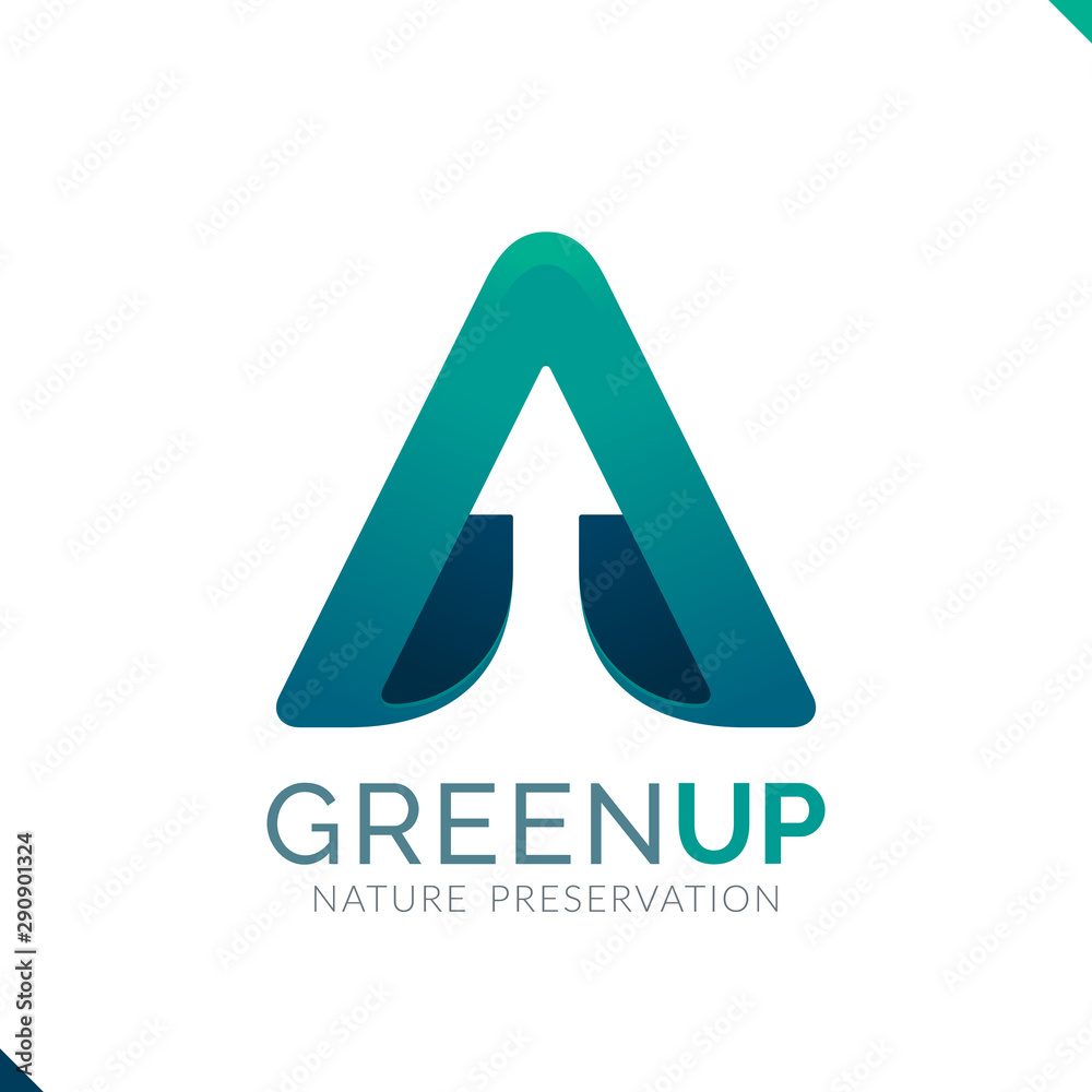 Modern minimalist green triangle with facing up arrow, represent nature ...