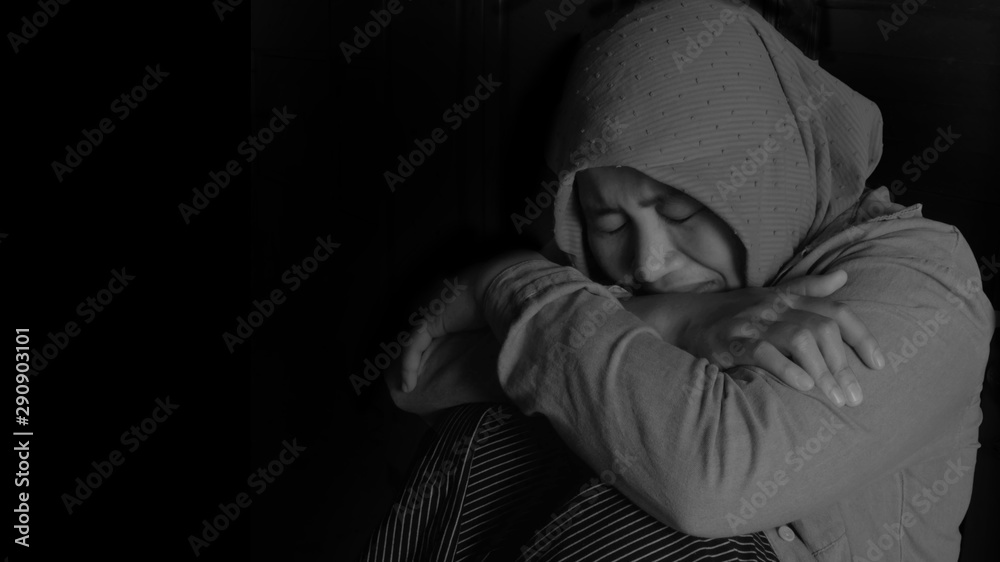 Sad Crying Depressed Muslim Woman in Black and White Stock Photo ...
