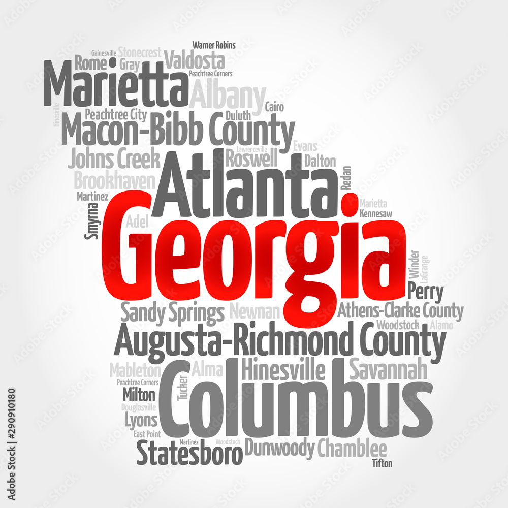 List of cities in Georgia USA state, map silhouette word cloud map ...
