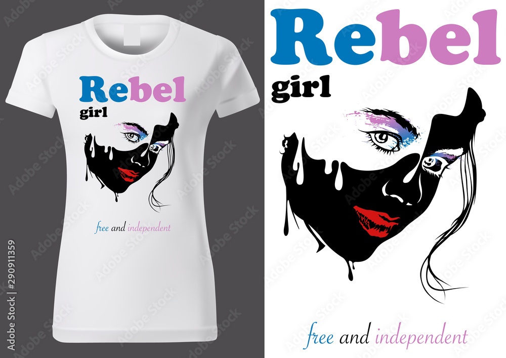 Women White T-shirt Design with Abstract Face Drawing and Text REBEL ...