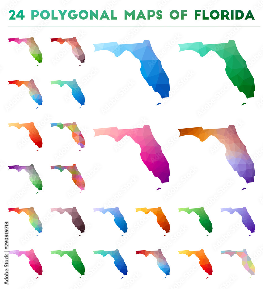 Set of vector polygonal maps of Florida. Bright gradient map of us ...