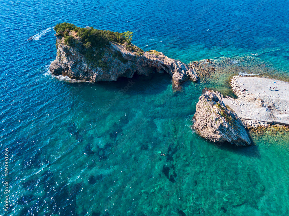 Aerial view of Sveti Nicola, Budva island, Montenegro. Hawaii beach ...